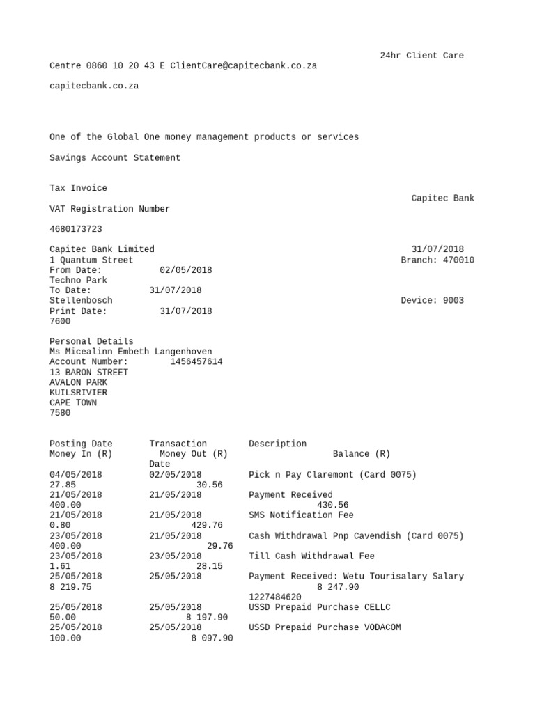 Account Statement Capitec | PDF | Stored Value Card | Automated Teller Machine