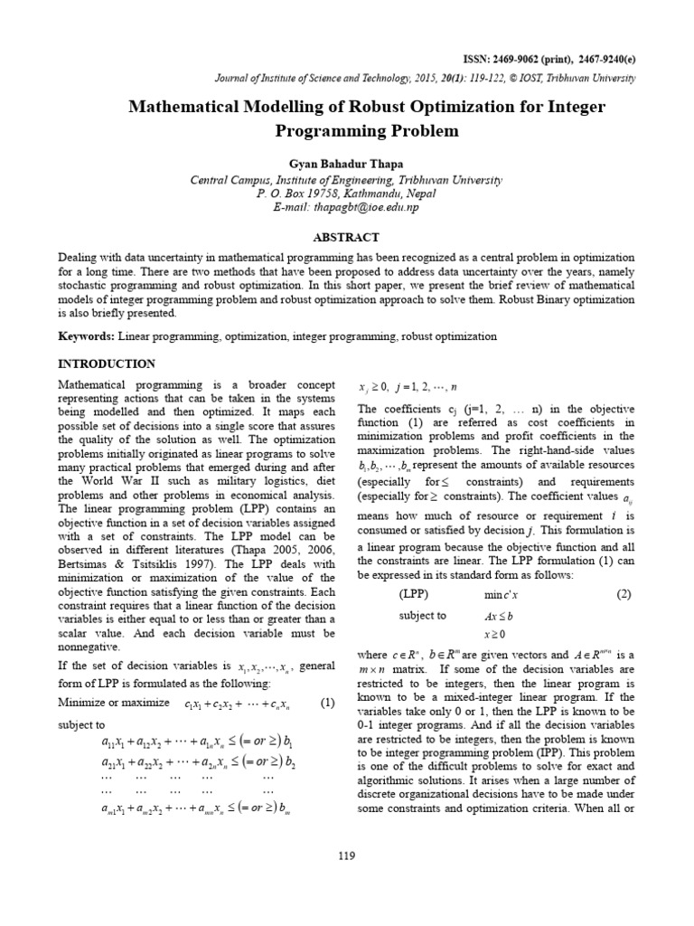 Mathematical Modelling of Robust Optimization For Integer Programming Problem | PDF ...