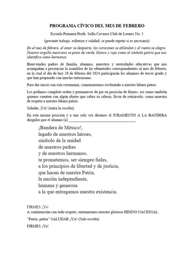 Programa Cívico Del Mes de Febrero | Descargar gratis PDF | México