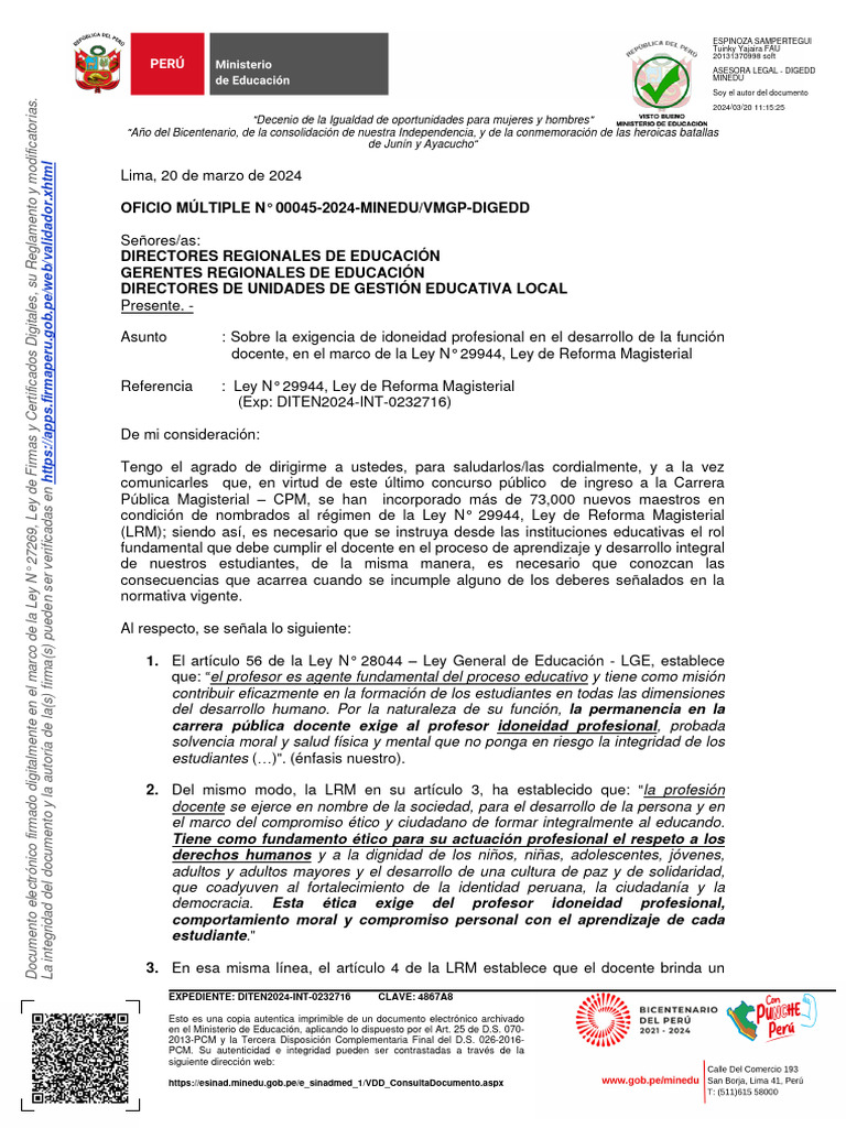 Oficio Multiple #045-2024-Minedu | PDF | Maestros | Democracia