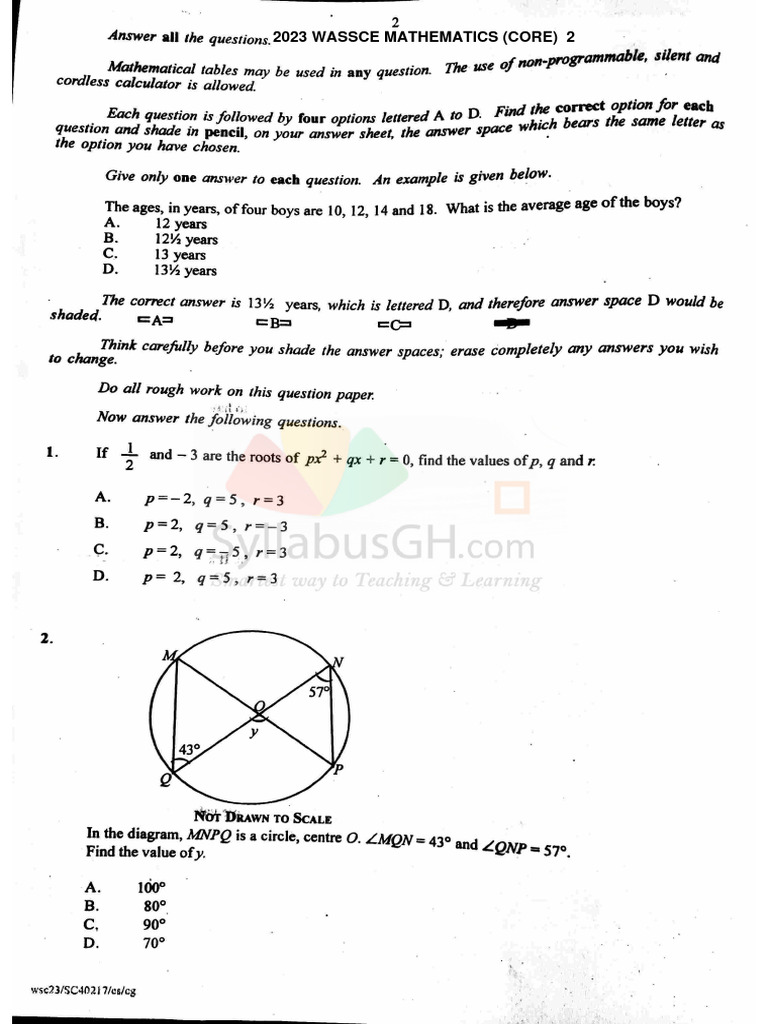 2023 WASSCE Core Maths Questions | PDF