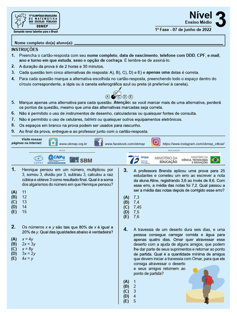 OBMEP_Multipla_Escolha_PROVA_E_GABARITO_2022-IMPA-IMPA-NIVEL_3 | PDF ...
