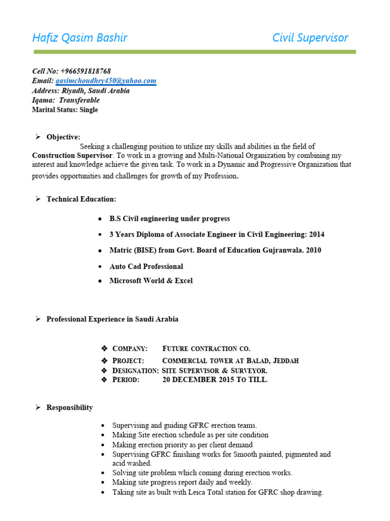 Civil Supervisor CV R0 | PDF | Engineering