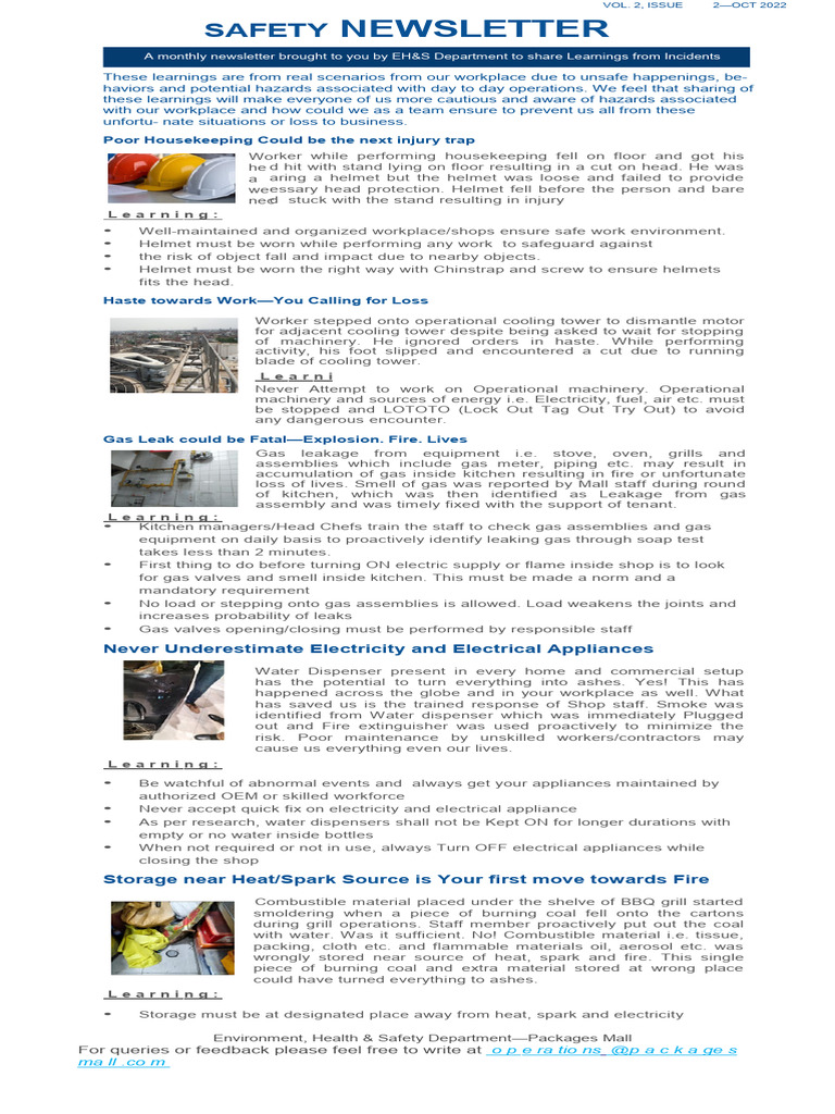 Safety Newsletter | PDF | Kitchen | Occupational Safety And Health