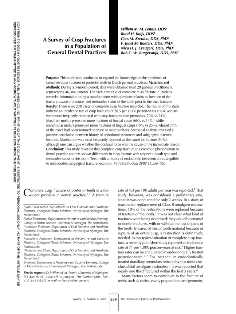 A Survey Of Cusp Fractures In A Population Of General Dental Practices Pdf Dentistry Human