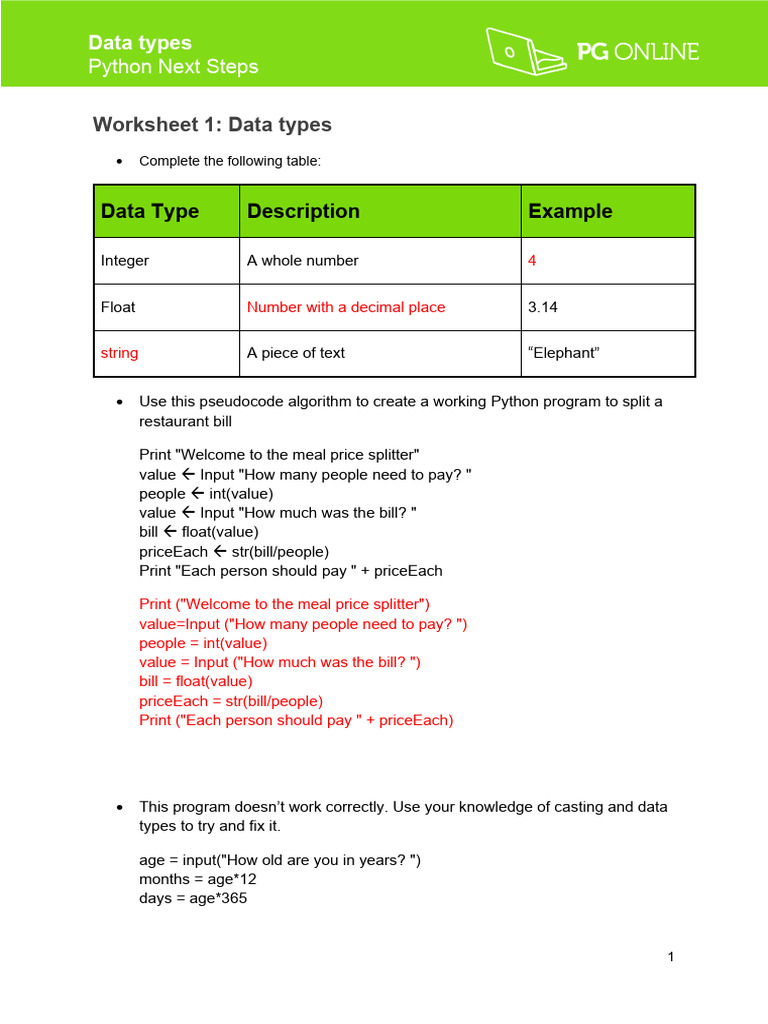 Python Worksheet 1 Data Types | PDF | Teaching Methods & Materials Python Worksheet 1 Data Types | PDF | Teaching Methods & Materials