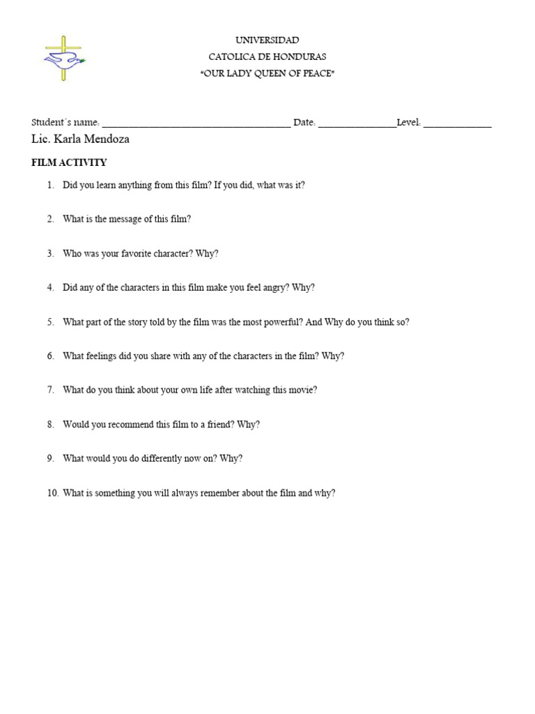 Film Activity Reflection Questions | PDF | Social Science | Self ...