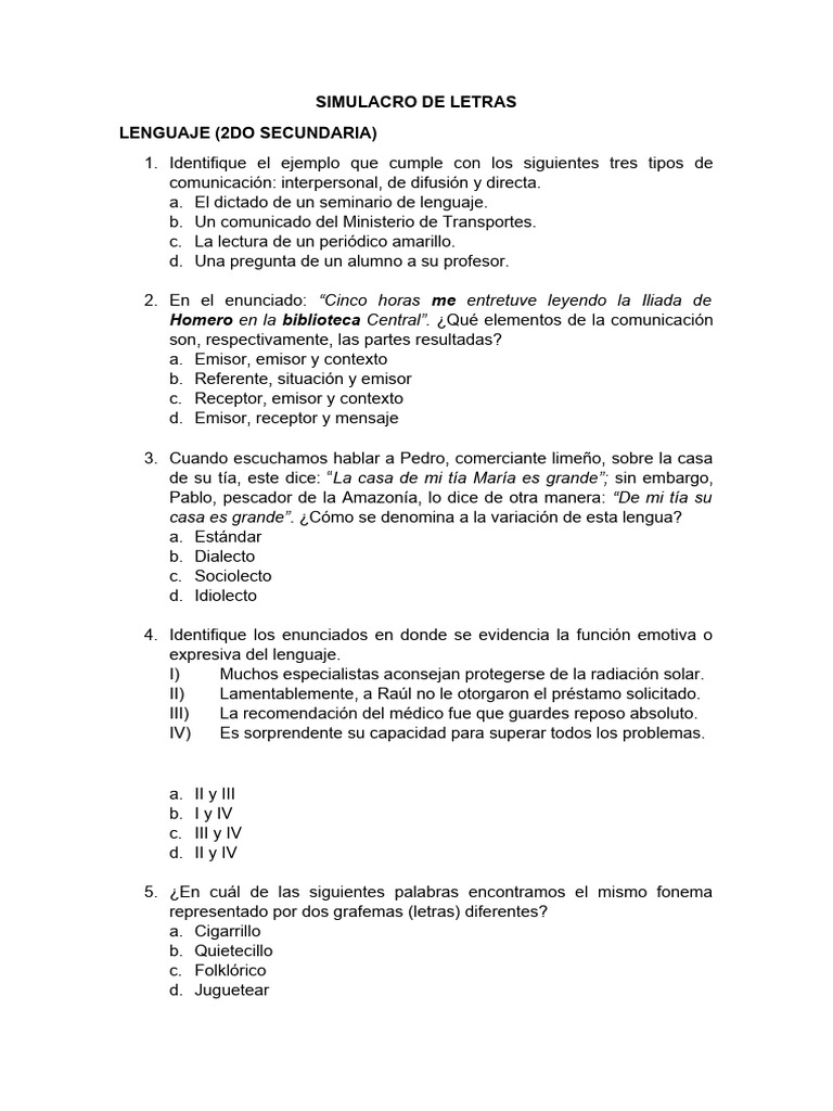 Simulacro de Letras - 2do Secundaria | PDF | Rima | Comunicación