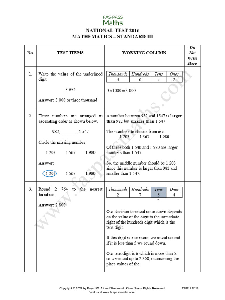 National Test Maths STD 3 2016 Past Paper Solutions | PDF | Litre | Area