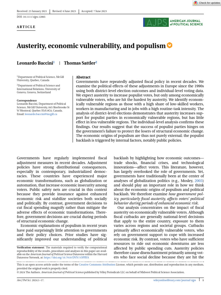 American J Political Sci - 2024 - Baccini - Austerity Economic Vulnerability and Populism | PDF ...
