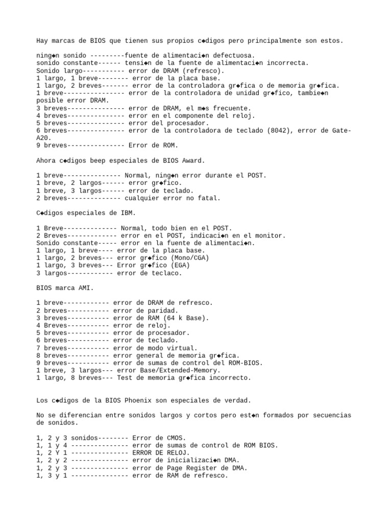 Códigos Beep de BIOS y Errores | PDF | Memoria de acceso aleatorio | Bios