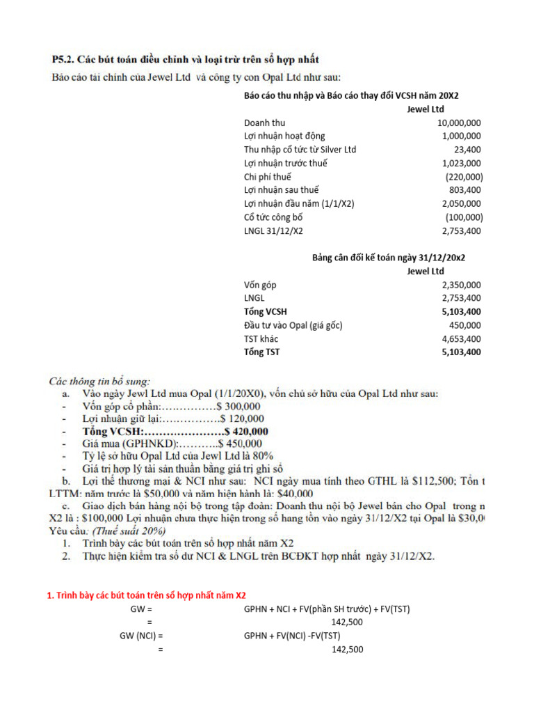 Báo cáo thu nhập và Báo cáo thay đổi VCSH năm 20X2 Jewel Ltd | PDF