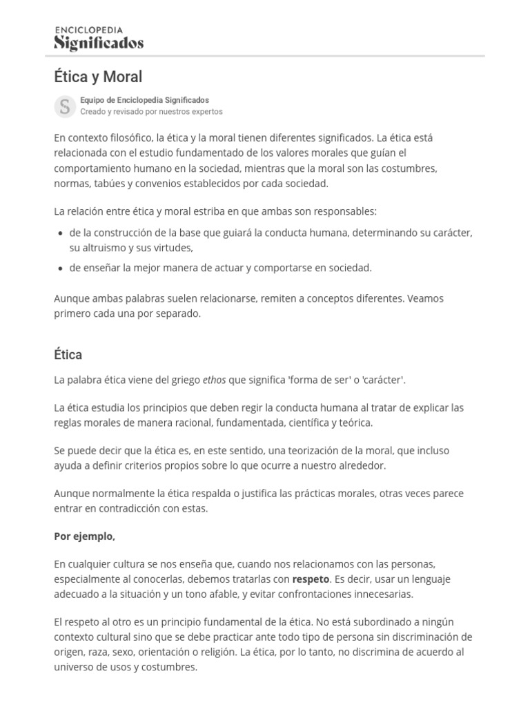 Ética y Moral - Qué Es y Diferencia Entre Ambas - Significados | PDF | Moralidad | Educación en ...