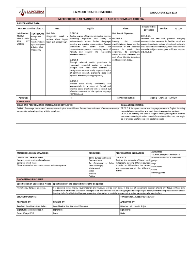 Week 1 Micro Plan 2018-2019 Social Studies | PDF | Learning | Information