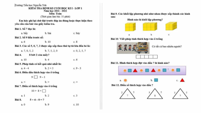 Đề Toán HK1 Lớp 1 - - pptx | PDF