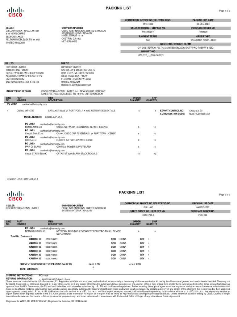 Cisco Packing List PO31028 | PDF | Trade | Business