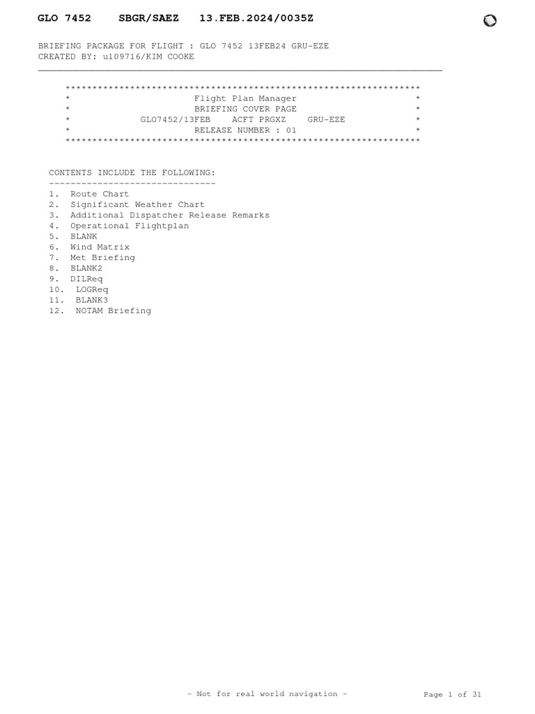 GLO 7452 Flight Briefing Package | PDF | Navigation | Aviation