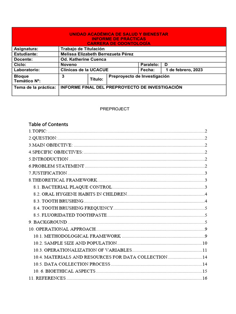 Preproyecto Final | PDF | Oral Hygiene | Human Tooth