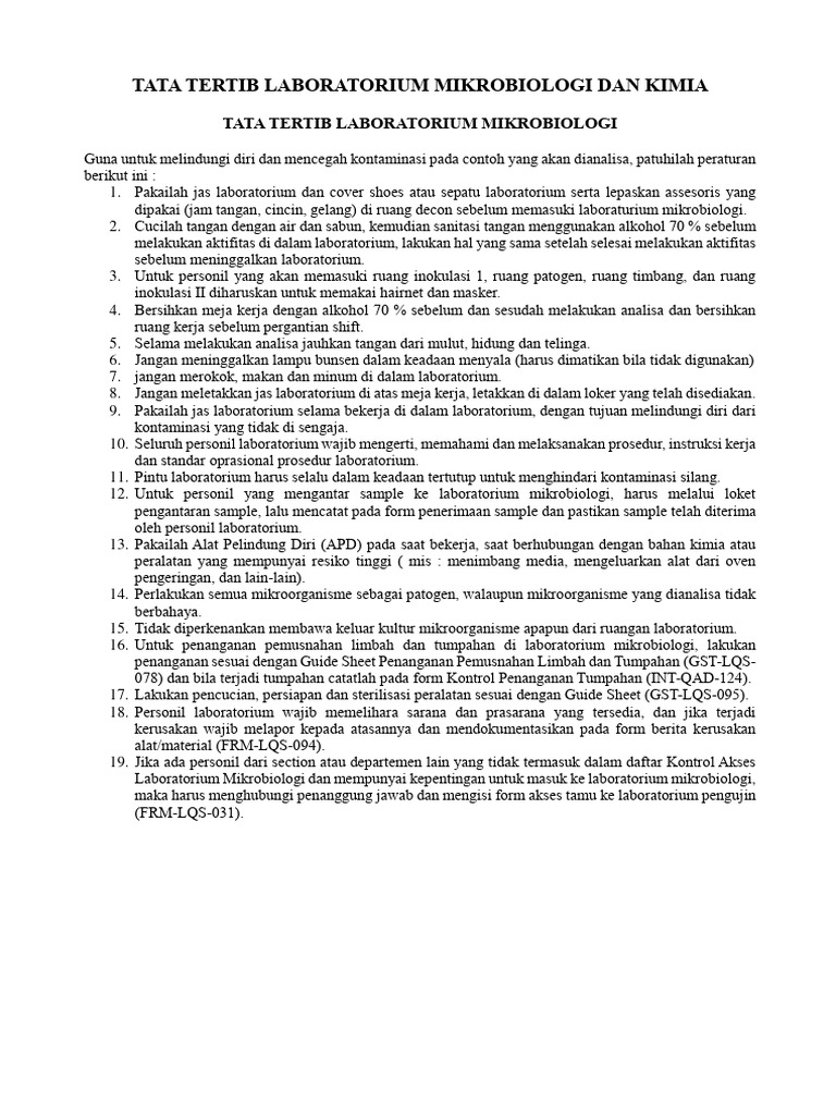 Tata Tertib Laboratorium Mikrobiologi Dan Kimia Pdf