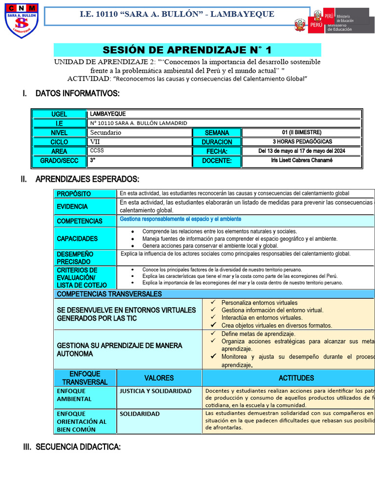 Sesión de Aprendizaje N 01 Unidad Ii Iris L. Cabrera Chanamé 2024 CC - Ss. | Descargar gratis ...