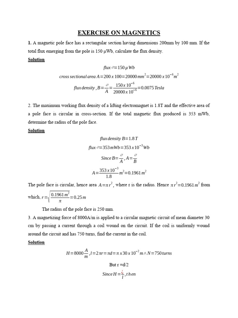Exercise On Magnetism With Answers | PDF | Inductor | Metrology