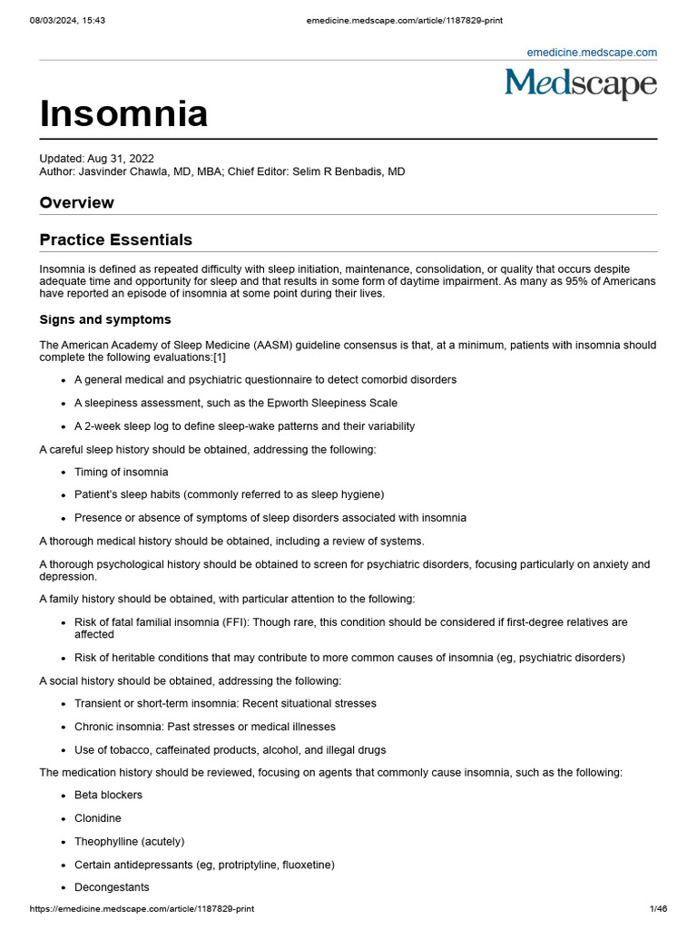 Medscape - Insomnia | PDF | Insomnia | Sleep