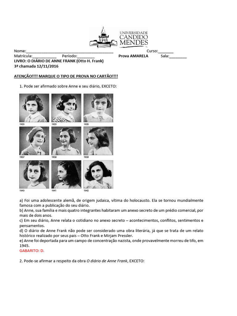 Gabarito 3a Chamada Anne Frank Prova AMARELA | PDF | Genocídios | O ...