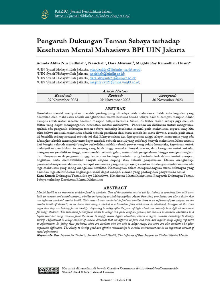 Pengaruh Dukungan Teman Sebaya Terhadap Kesehatan Mental Mahasiswa Bpi Uin Jakarta | PDF