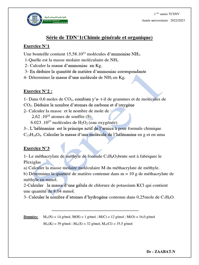 Série de TD1 Chimie I (2022-2023) | PDF