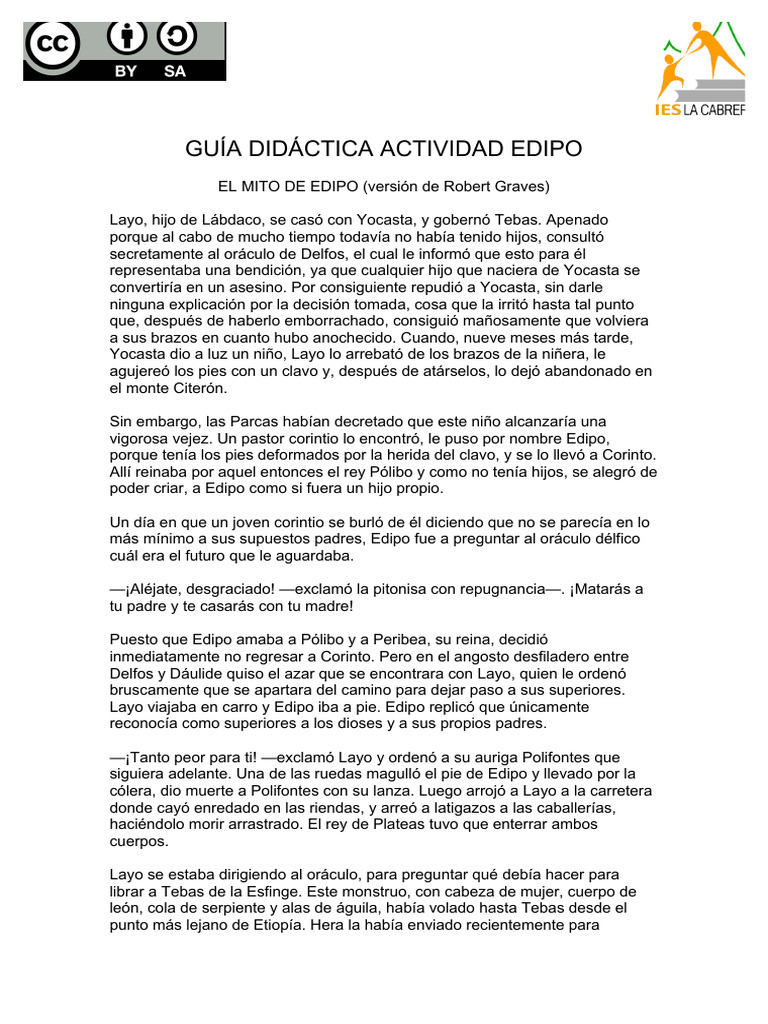 Mito de Edipo: Resumen y Actividades | PDF | Edipo | Mitología tebana