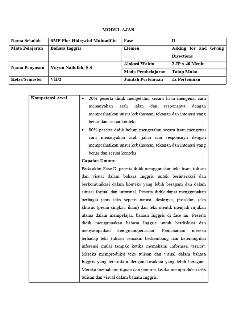 Modul Ajar: Asking & Giving Directions Kelas 7 | PDF | Karier ...