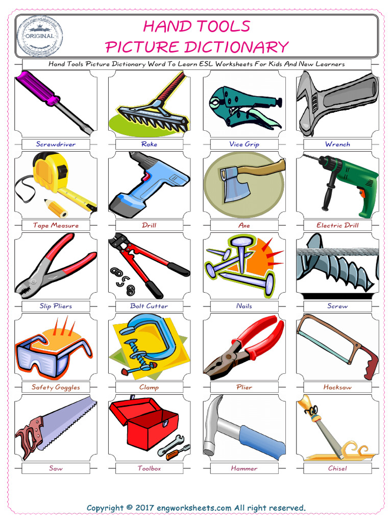 Hand Tools Picture Dictionary Word To Learn ESL Worksheets For Kids and ...