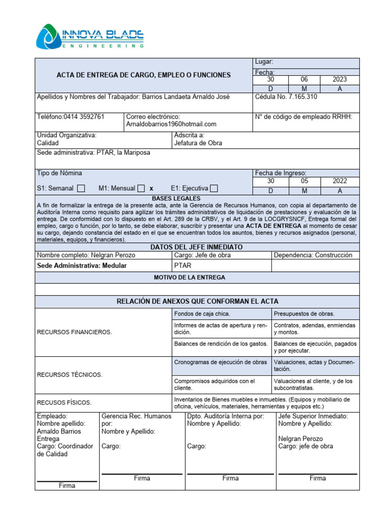 Acta de Entrega de Cargo Formato e Instruciones (Innova. | Descargar ...