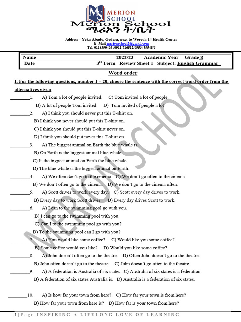 Grade 8 English Review Sheet One | PDF