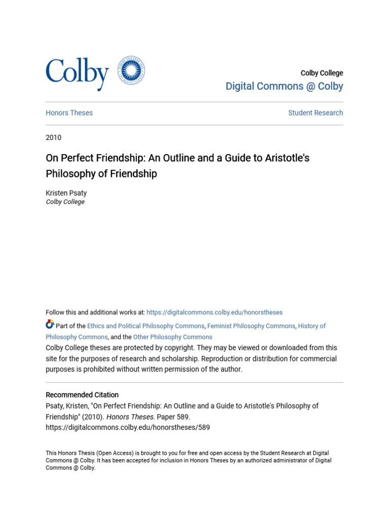 On Perfect Friendship - An Outline and A Guide To Aristotles Phil | PDF ...