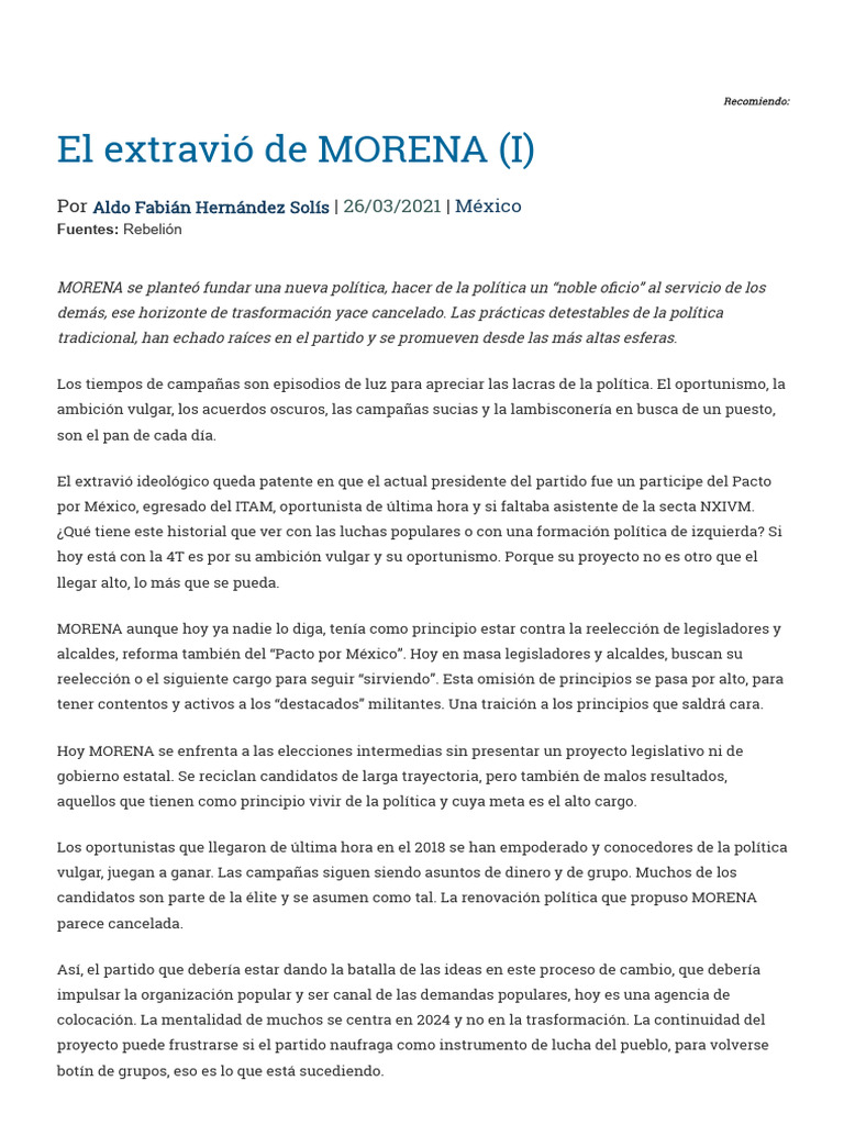 El Extravió de MORENA (I) - Rebelion | PDF | Gobierno