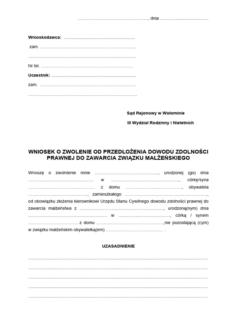 Wniosek o Zwolnienie Z Obowiazku Przedstawiania Dokumentu - Dot Zawarcia Malzenstwa Z ...