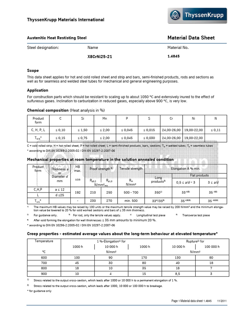 1.4845 Stainless Steel Data Sheet | PDF | Rolling (Metalworking) | Steel