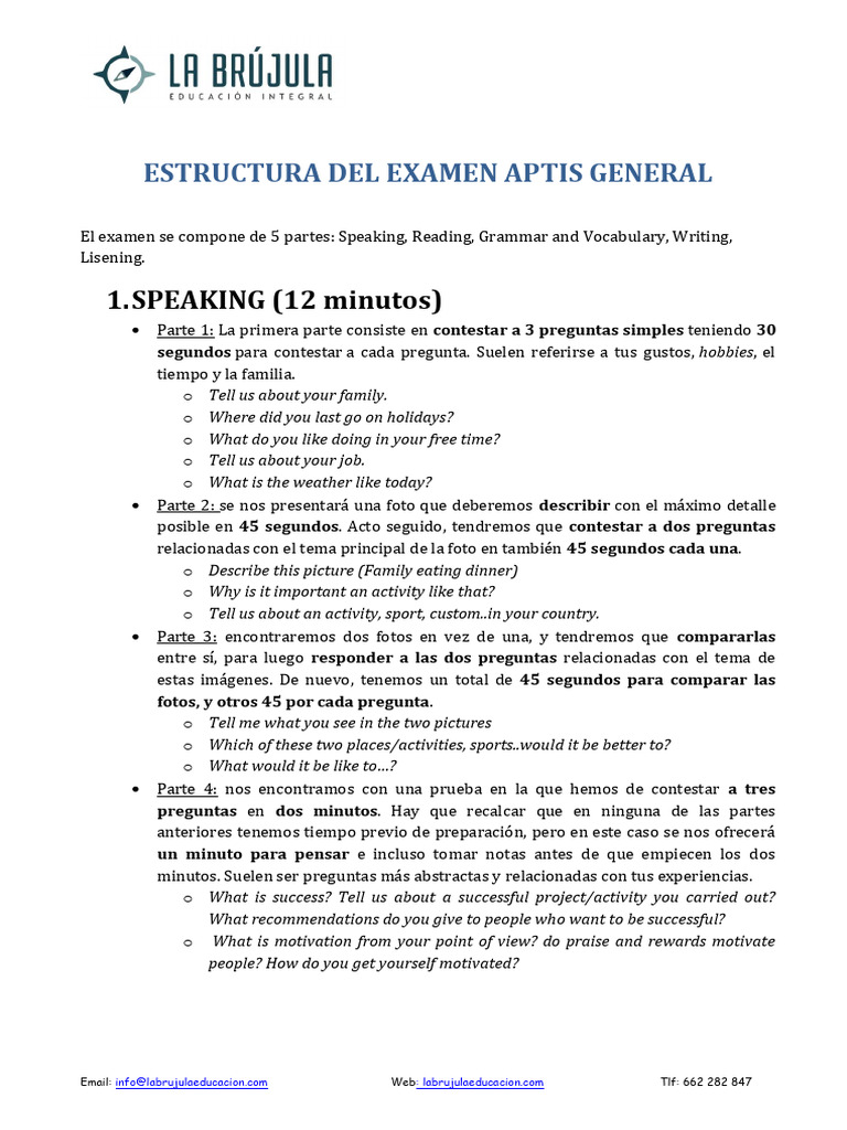 ESTRUCTURA DEL EXAMEN APTIS GENERAL - xTFMCbeQTe6Bcjzyctik | PDF