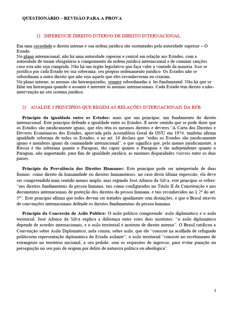 Questionário Revisão Di | PDF | Tratado | Direito Internacional