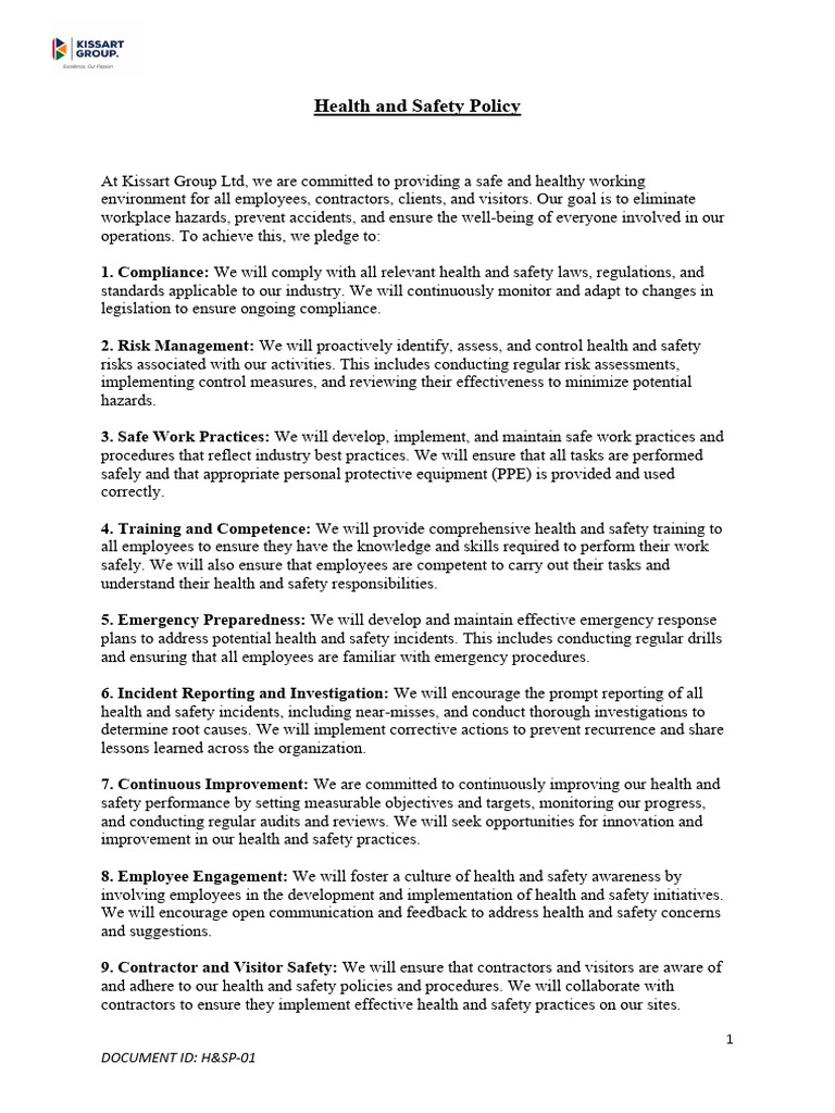 Kissart Group Health & Safety Policy | PDF | Occupational Safety And ...
