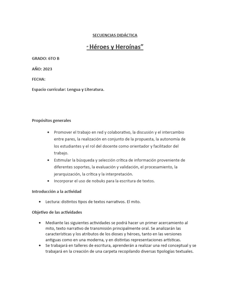 4 Secuencias Sexto 6to B 2023 MITOS | PDF