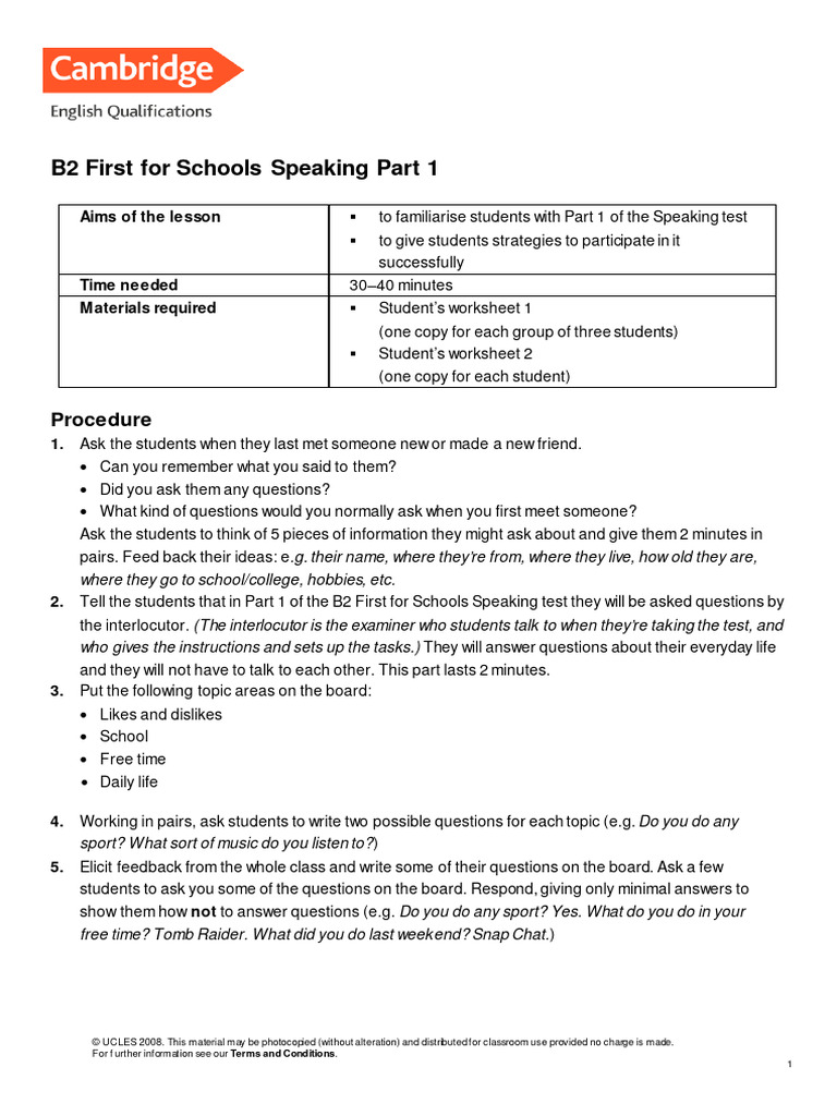Cambridge English b2 First For Schools Speaking Part 1 | Download Free ...