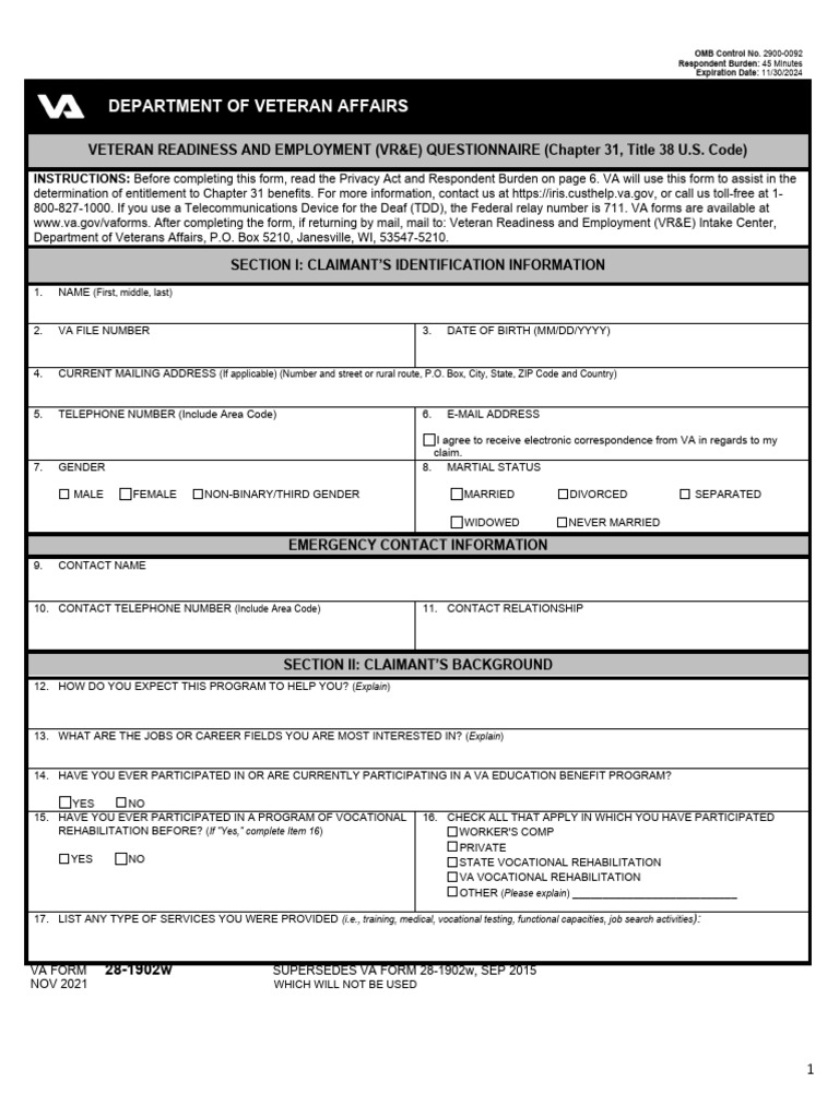 VA Form 28-1902w (Word Document) | PDF | United States Department Of ...