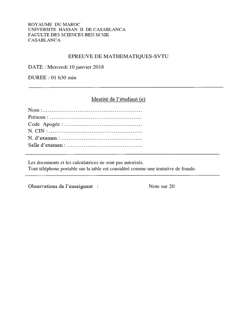 Exm de Math S1 SVTU 2017 - 2018 | PDF