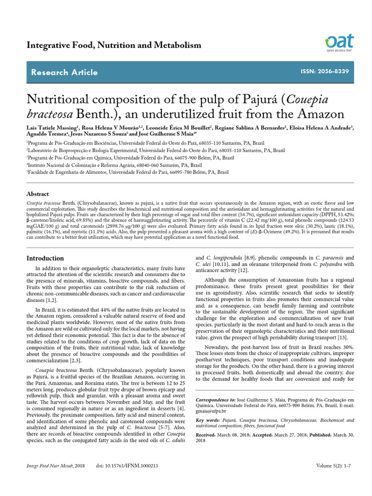 Nutritional Composition of The Pulp of Pajurá (Couepia Bracteosa Benth ...