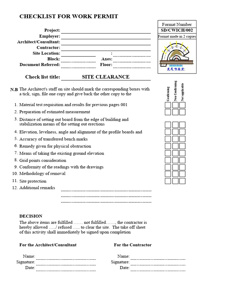 Work Permit Checklist for Excavation Tasks | PDF | Plaster | Concrete