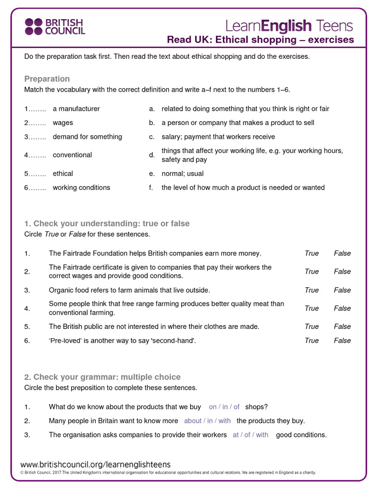 Ethical Shopping - Exercises 1 | PDF | Fair Trade