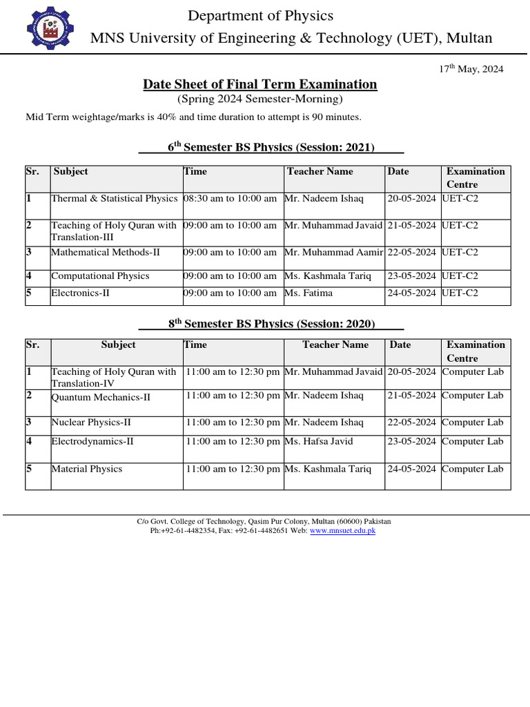 Final Term Date Sheet Spring 2024, | PDF | Physics | Physical Sciences Final Term Date Sheet Spring 2024, | PDF | Physics | Physical Sciences