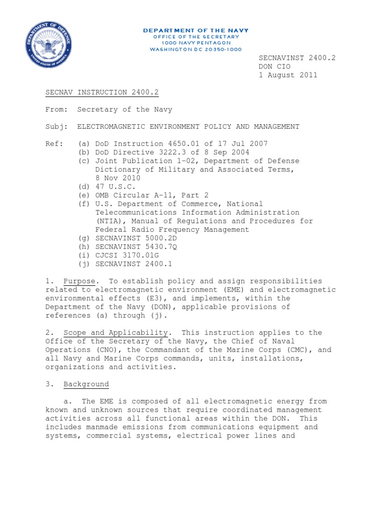 Navy Electromagnetic Environment Policy | PDF | United States Secretary ...